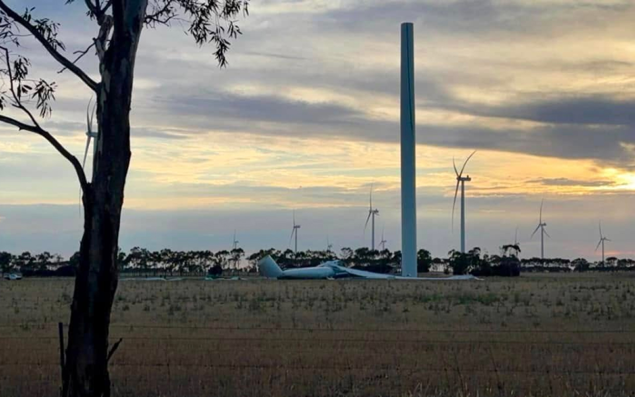 Wind turbine snaps in half during windy weather in Victoria