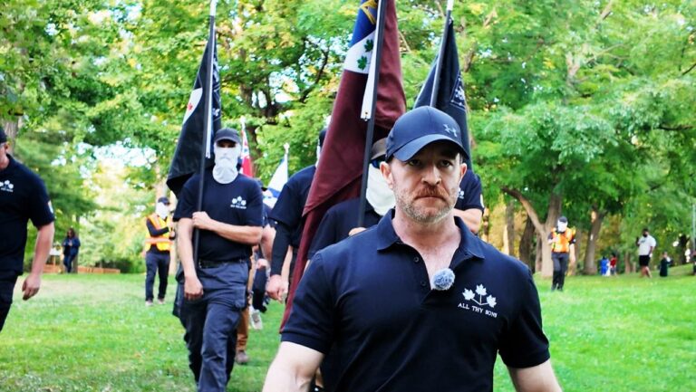 Canadian nationalists demonstrate at monument to war hero